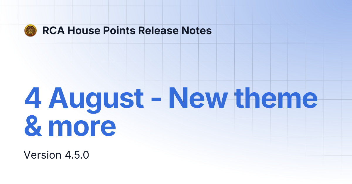 4 August - New theme & more | RCA House Points Release Notes